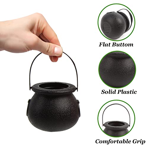 FOIMAS Mini Black Cauldron,6pcs Halloween Plastic Candy Kettle Bucket with 50pcs Spiders Decor for Halloween Trick or Treat Party Favor Home Decoration Supply