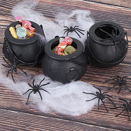 FOIMAS Mini Black Cauldron,6pcs Halloween Plastic Candy Kettle Bucket with 50pcs Spiders Decor for Halloween Trick or Treat Party Favor Home Decoration Supply