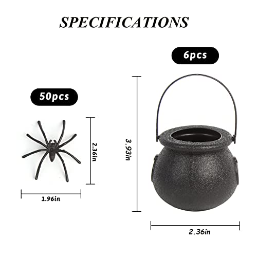 FOIMAS Mini Black Cauldron,6pcs Halloween Plastic Candy Kettle Bucket with 50pcs Spiders Decor for Halloween Trick or Treat Party Favor Home Decoration Supply