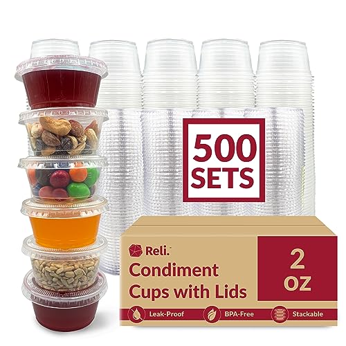 Reli. 2 oz Small Containers with Lids (500 Sets) | Jello Shot Cups with Lids | Clear Plastic Condiment Containers with Lids | Portion Cups with Lids | Sauce Cups | Souffle Cups | Stackable | Bulk