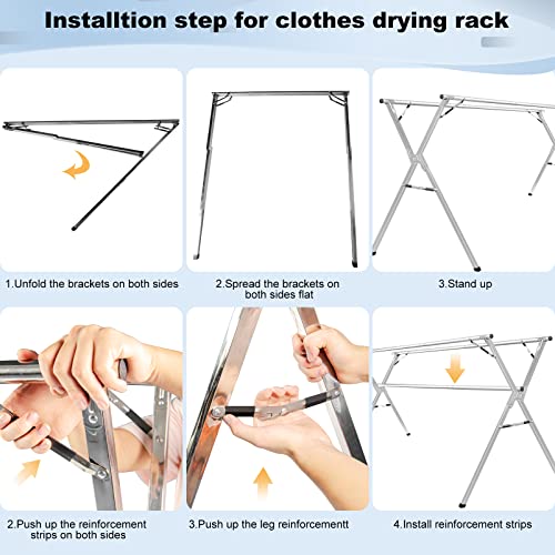 Sarahipe Sillars Clothes Drying Rack, 94.5 inches Laundry Drying Rack Clothing Foldable & Collapsible Stainless Steel Heavy Duty Clothing Drying Rack with Windproof Hooks for Indoor Outdoor