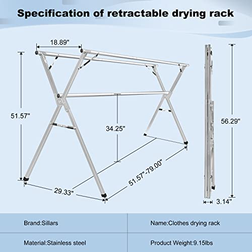 Sarahipe Sillars Clothes Drying Rack, 94.5 inches Laundry Drying Rack Clothing Foldable & Collapsible Stainless Steel Heavy Duty Clothing Drying Rack with Windproof Hooks for Indoor Outdoor