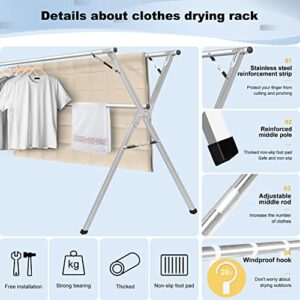 Sarahipe Sillars Clothes Drying Rack, 94.5 inches Laundry Drying Rack Clothing Foldable & Collapsible Stainless Steel Heavy Duty Clothing Drying Rack with Windproof Hooks for Indoor Outdoor