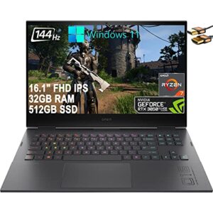 hp omen 16 gaming laptop 16.1" fhd 144hz ips display amd octa-core ryzen 7 5800h (beats i7-10750h) 32gb ram 512gb ssd nvidia geforce rtx 3050 ti 4gb rgb backlit usb-c b&o audio win11 + hdmi cable