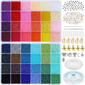 leecoon 33600+pcs size 12/0 2mm glass seed beads for bracelet jewelry making, small beads 48 colors assortments kit for adults girls making necklace earring with alphabet beads charms pendants