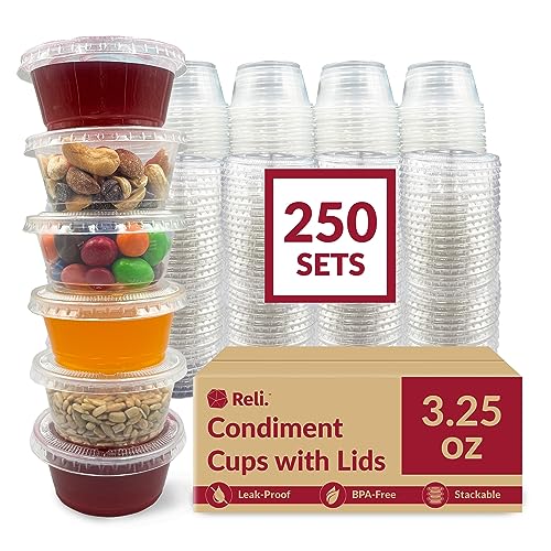 Reli. 3.25 oz Small Containers with Lids (250 Sets) | Jello Shot Cups with Lids | Clear Plastic Condiment Containers with Lids | 3 oz Portion Cups with Lids | 3 oz Sauce Cups with lids | Souffle Cups