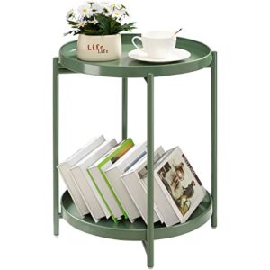 teokj 2 tier green side table, folding round metal end table small nightstand accent table with two removable tray for bedroom living room bedside small spaces dark green