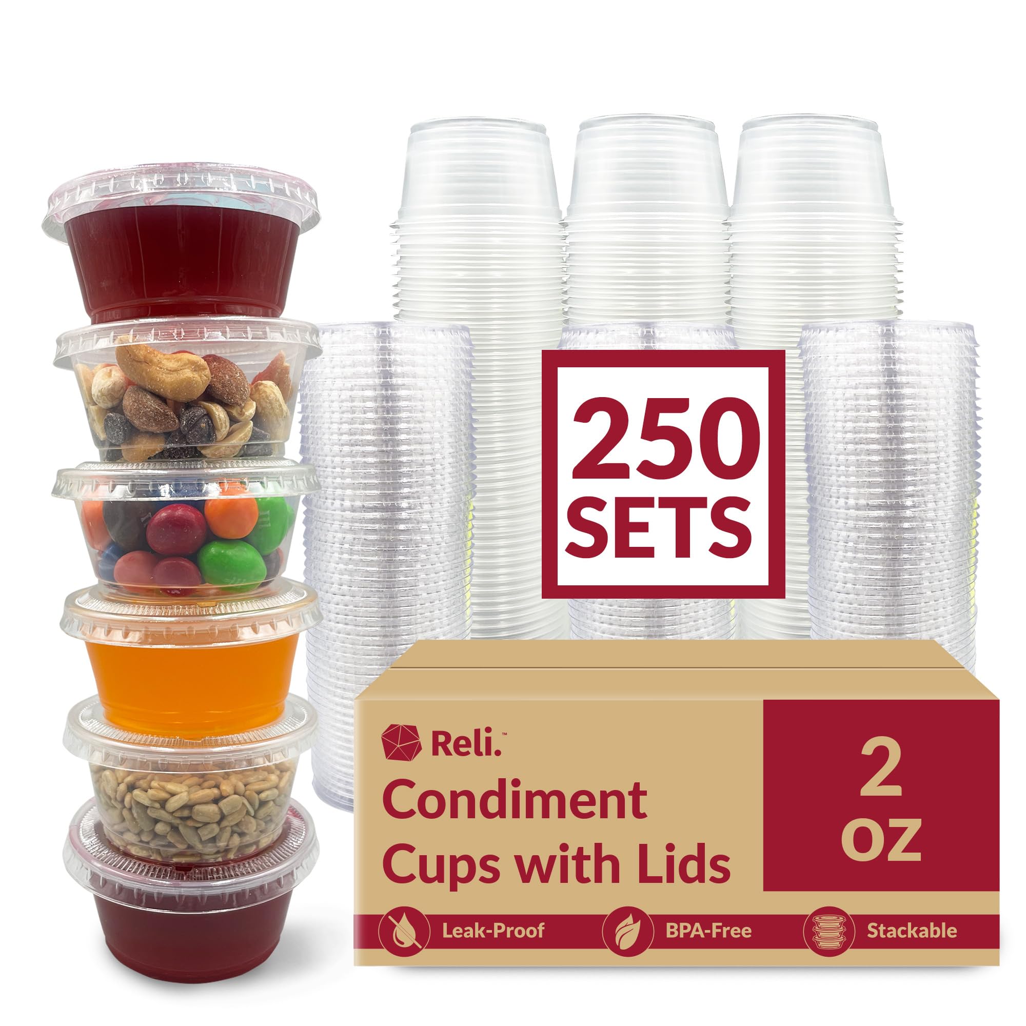 Reli. 2 oz Small Containers with Lids (250 Sets) | Jello Shot Cups with Lids | Clear Plastic Condiment Containers with Lids | Portion Cups with Lids | Sauce Cups | Souffle Cups | Stackable | Bulk