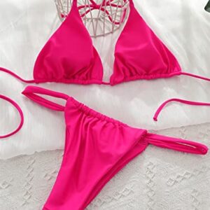 SheIn Women's Sexy 2 Pcs Ruched Triangle Bikini Bra with Thong Swimsuit Sets Hot Pink Medium