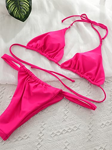 SheIn Women's Sexy 2 Pcs Ruched Triangle Bikini Bra with Thong Swimsuit Sets Hot Pink Medium