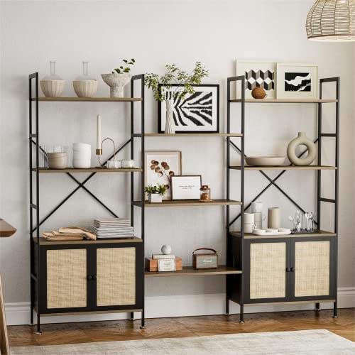 IKIFLY Triple Wide 4-Tier Bookshelf, Bookcase with 4 Doors Rattan Storage Cabinet, Industrial Storage Cabinet w/Open Display Shelf, Wood and Metal Bookshelf in Office, Living Room, Study, Bedroom