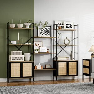 IKIFLY Triple Wide 4-Tier Bookshelf, Bookcase with 4 Doors Rattan Storage Cabinet, Industrial Storage Cabinet w/Open Display Shelf, Wood and Metal Bookshelf in Office, Living Room, Study, Bedroom