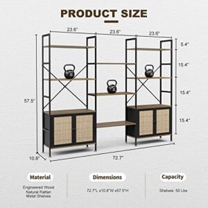 IKIFLY Triple Wide 4-Tier Bookshelf, Bookcase with 4 Doors Rattan Storage Cabinet, Industrial Storage Cabinet w/Open Display Shelf, Wood and Metal Bookshelf in Office, Living Room, Study, Bedroom