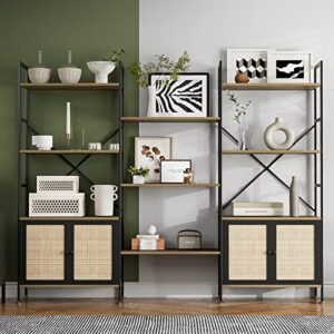 IKIFLY Triple Wide 4-Tier Bookshelf, Bookcase with 4 Doors Rattan Storage Cabinet, Industrial Storage Cabinet w/Open Display Shelf, Wood and Metal Bookshelf in Office, Living Room, Study, Bedroom