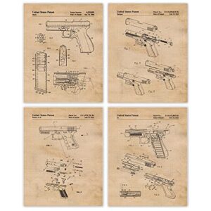 vintage glock patent prints, 4 (8x10) unframed photos, wall art decor gifts under 20 for home office man cave garage shop gun firearm range student teacher police coach usa military law veterans fan