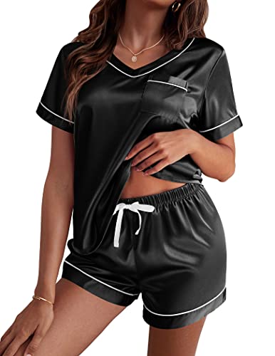 Ekouaer Satin Pajama Set Women Short Sleeve Silk Pajama Set 2 Piece Lightweight Lounge Sets with Pants Black Large