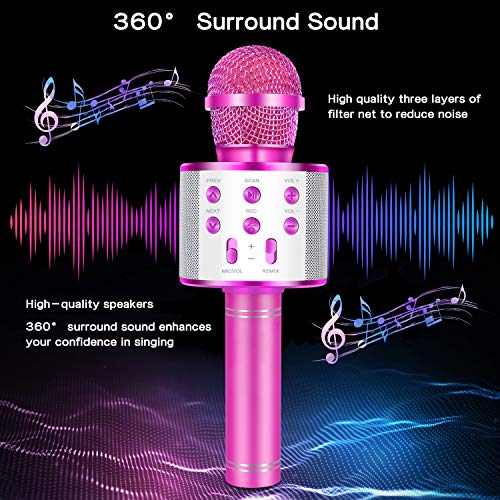 IJO Handheld Bluetooth Karaoke Microphone-Birthday Fun Singing Toys for Kids Age 3 4 5 6 7 8 9 10 Years Old Girls and Boys(Rose Red)