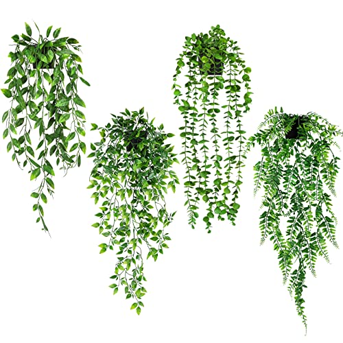 JPSOR 4pcs Artificial Hanging Plants, Fake Hanging Plants Potted Greenery Faux Persian Fern Fake Plants in Pot for Wall Room Patio Office Table Shelf Decor