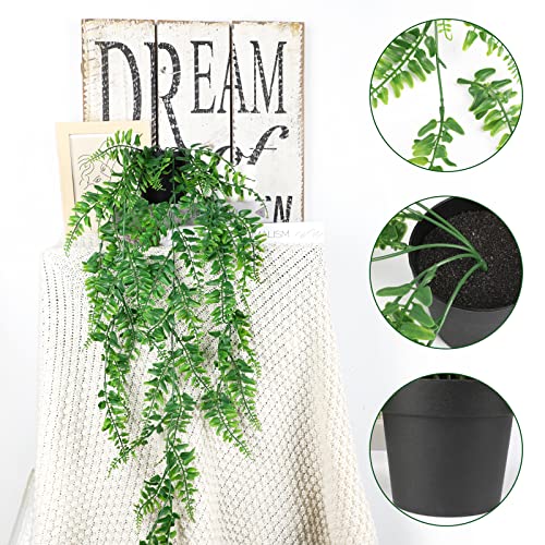 JPSOR 4pcs Artificial Hanging Plants, Fake Hanging Plants Potted Greenery Faux Persian Fern Fake Plants in Pot for Wall Room Patio Office Table Shelf Decor