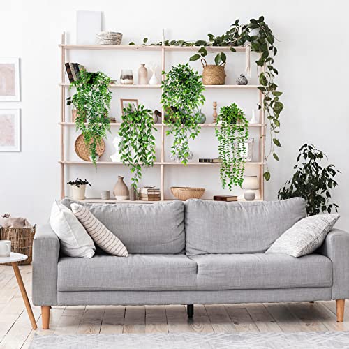 JPSOR 4pcs Artificial Hanging Plants, Fake Hanging Plants Potted Greenery Faux Persian Fern Fake Plants in Pot for Wall Room Patio Office Table Shelf Decor