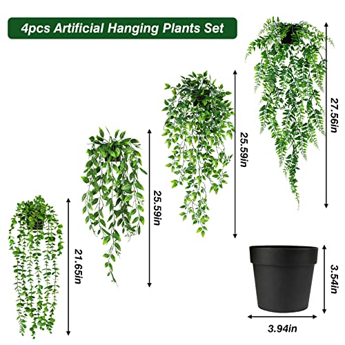 JPSOR 4pcs Artificial Hanging Plants, Fake Hanging Plants Potted Greenery Faux Persian Fern Fake Plants in Pot for Wall Room Patio Office Table Shelf Decor