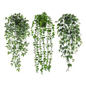 jpsor 3pcs fake hanging plants, artificial hanging plants kit, potted greenery faux eucalyptus vine golden pothos mandala vine in black pot for wall room patio office table decor