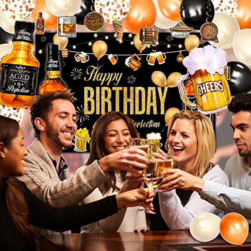 Whiskey Party Decorations for Men, Aged To Perfection Party Supplies Whiskey Balloons Garland Arch Kit with Foil Balloons, Backdrop, Hanging Swirls 30 40 50 Birthday Party Decorations For Dad Daddy Father