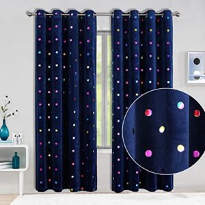 navy velvet blackout curtains drapes metallic polka dots grommet blackout curtains for winter 63" inches long room darkening thermal insulated treatments sets for kids nursery bedroom,52"wide 2pcs