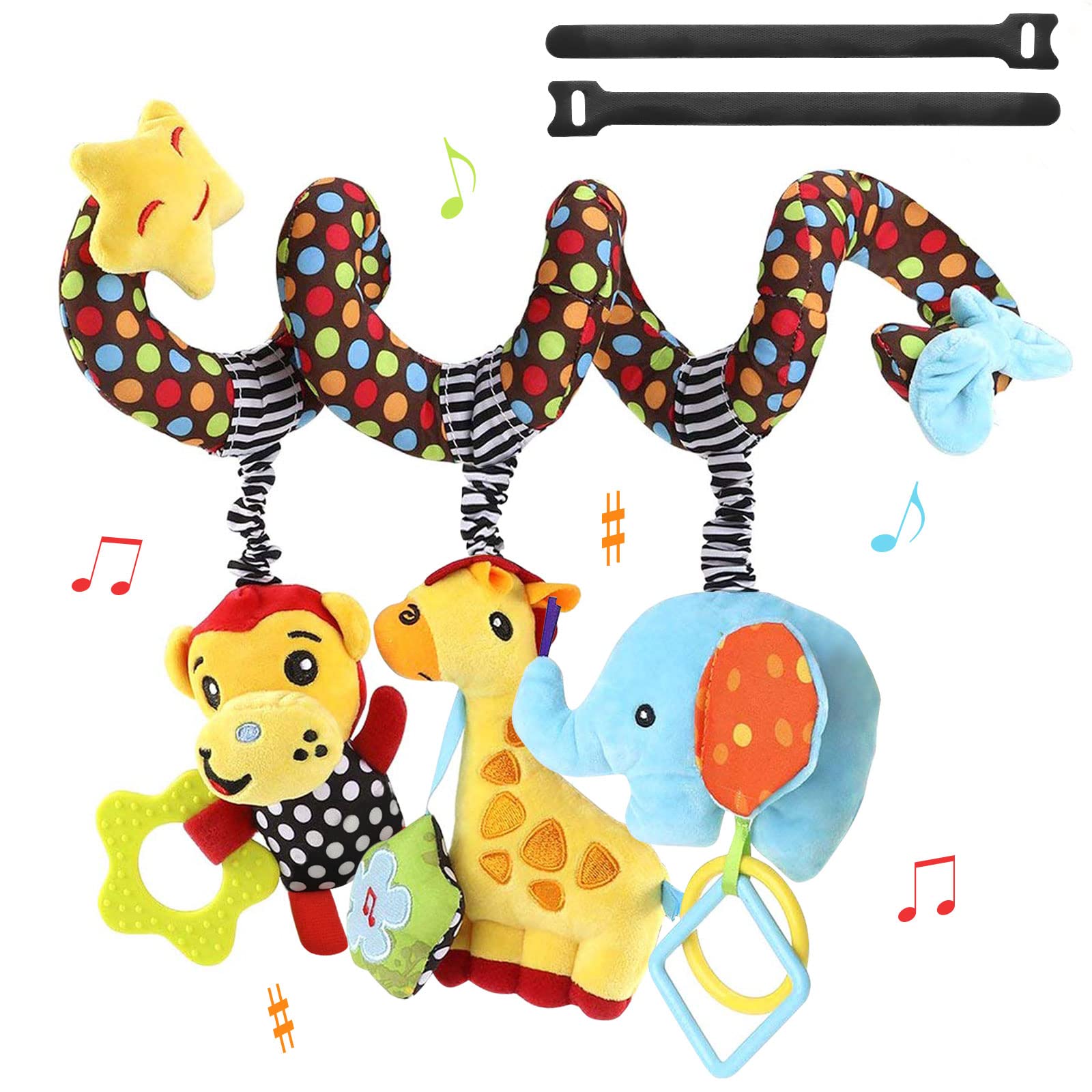 Car Seat Toys Baby Toys 0-3 Months Infant Toys, Newborn Toys Baby Spiral Stroller Toys, Baby Toys 0-6 Months for Crib Mobile Bassinet with Music Rattles Teether for 0 3 6 9 12 Boys Girls (2 Velcro)