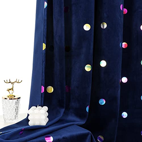 Navy Velvet Blackout Curtains Metallic Polka Dots Printed Grommet Blackout Curtains Soft Luxury Window Decor for Kids Bedroom 84" inches Long Noise Reducing Treatments Sets for Bedroom,52" Wide 2pcs