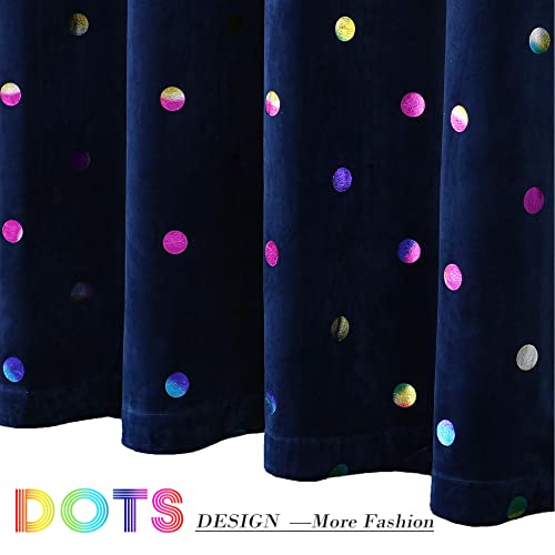 Navy Velvet Blackout Curtains Metallic Polka Dots Printed Grommet Blackout Curtains Soft Luxury Window Decor for Kids Bedroom 84" inches Long Noise Reducing Treatments Sets for Bedroom,52" Wide 2pcs