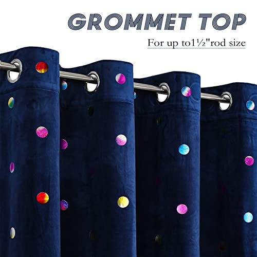 Navy Velvet Blackout Curtains Metallic Polka Dots Printed Grommet Blackout Curtains Soft Luxury Window Decor for Kids Bedroom 84" inches Long Noise Reducing Treatments Sets for Bedroom,52" Wide 2pcs