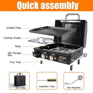 QuliMetal Table Top Grill Portable Griddle with Hood Non-Stick Flat Top Grill Griddle Propane Grill with Carry Bag 22 Inch,24,000 BTU,348 Sq,304 Stainless Steel Burner,Ceramic Coating for Outdoor Camping Party Tailgating