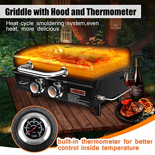 QuliMetal Table Top Grill Portable Griddle with Hood Non-Stick Flat Top Grill Griddle Propane Grill with Carry Bag 22 Inch,24,000 BTU,348 Sq,304 Stainless Steel Burner,Ceramic Coating for Outdoor Camping Party Tailgating