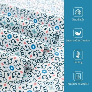 KACEMOO Printed Sheet Set Full Size Bed 4PC Blue Floral Sheets Boho Pattern Sheets Cooling 17 Inches Deep Pocket Brushed Microfiber Bed Sheets, Luxury, Soft, Breathable, Hypoallergenic, Wrinkle Free