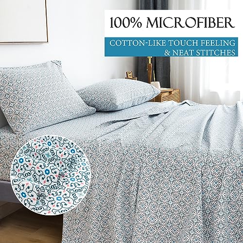 KACEMOO Printed Sheet Set Full Size Bed 4PC Blue Floral Sheets Boho Pattern Sheets Cooling 17 Inches Deep Pocket Brushed Microfiber Bed Sheets, Luxury, Soft, Breathable, Hypoallergenic, Wrinkle Free