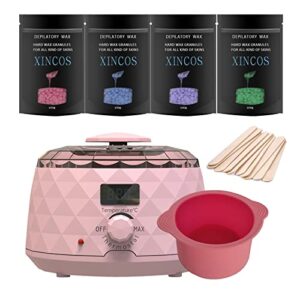 wax warmer kit for women men, hair removal waxing kit with 4 hard wax beans, lacut wax pot for bikini brazilian body legs eyebrows armpits, newest diamond appearance wax machine for sensitive skin (pink)