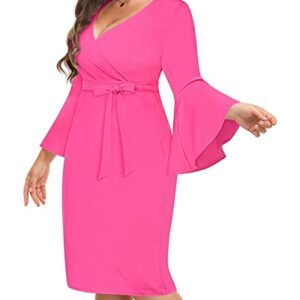 Hot Pink Barbie Dress Plus Size Wrap Around Cocktail Wedding Guest Bell Sleeve Elegant Evening Party Bodycon Dress Curvy Women