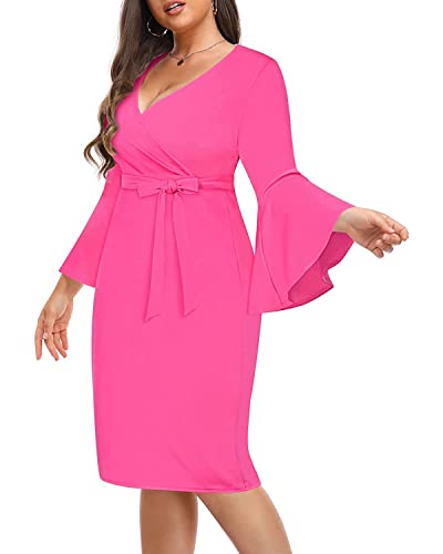 Hot Pink Barbie Dress Plus Size Wrap Around Cocktail Wedding Guest Bell Sleeve Elegant Evening Party Bodycon Dress Curvy Women