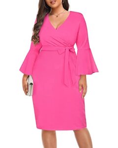 hot pink barbie dress plus size wrap around cocktail wedding guest bell sleeve elegant evening party bodycon dress curvy women