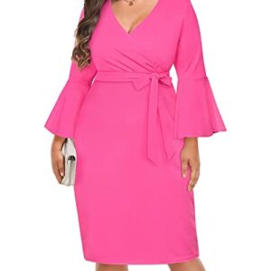 Hot Pink Barbie Dress Plus Size Wrap Around Cocktail Wedding Guest Bell Sleeve Elegant Evening Party Bodycon Dress Curvy Women