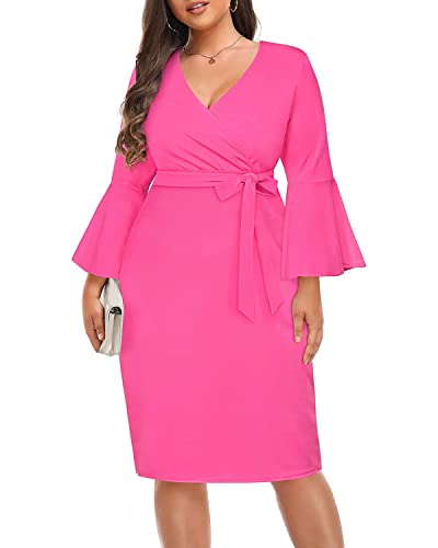 Hot Pink Barbie Dress Plus Size Wrap Around Cocktail Wedding Guest Bell Sleeve Elegant Evening Party Bodycon Dress Curvy Women