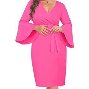 Hot Pink Barbie Dress Plus Size Wrap Around Cocktail Wedding Guest Bell Sleeve Elegant Evening Party Bodycon Dress Curvy Women