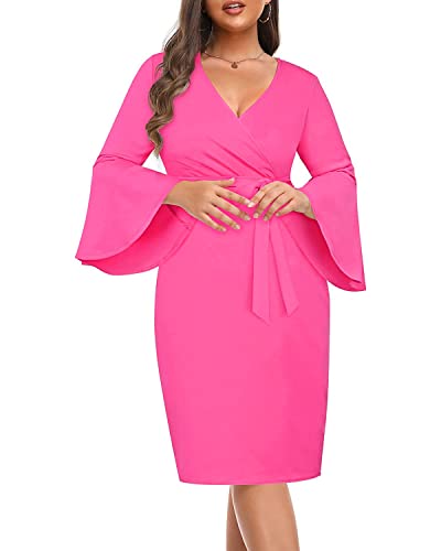 Hot Pink Barbie Dress Plus Size Wrap Around Cocktail Wedding Guest Bell Sleeve Elegant Evening Party Bodycon Dress Curvy Women