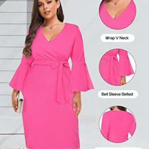 Hot Pink Barbie Dress Plus Size Wrap Around Cocktail Wedding Guest Bell Sleeve Elegant Evening Party Bodycon Dress Curvy Women