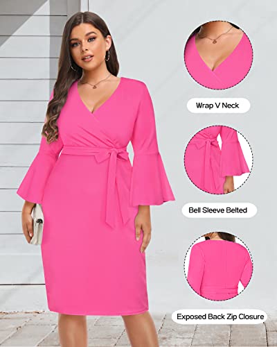 Hot Pink Barbie Dress Plus Size Wrap Around Cocktail Wedding Guest Bell Sleeve Elegant Evening Party Bodycon Dress Curvy Women