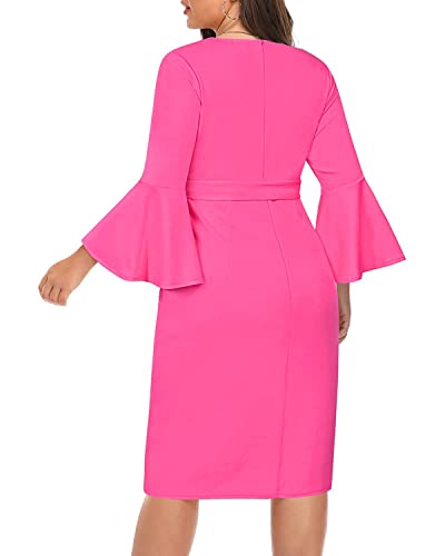 Hot Pink Barbie Dress Plus Size Wrap Around Cocktail Wedding Guest Bell Sleeve Elegant Evening Party Bodycon Dress Curvy Women