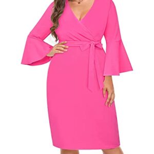 Hot Pink Barbie Dress Plus Size Wrap Around Cocktail Wedding Guest Bell Sleeve Elegant Evening Party Bodycon Dress Curvy Women