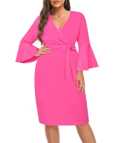 Hot Pink Barbie Dress Plus Size Wrap Around Cocktail Wedding Guest Bell Sleeve Elegant Evening Party Bodycon Dress Curvy Women