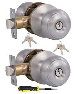 2 pack entry door knob with lock and keys all alike, exterior/interior door handles for bedroom or bathroom,satin stainless steel door knobs for front door